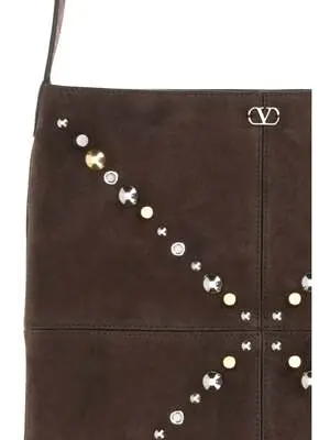 Valentino Garavani Suede Shoulder Bag With Fringe And Studs - Brown