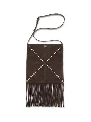 Valentino Garavani Suede Shoulder Bag With Fringe And Studs - Brown