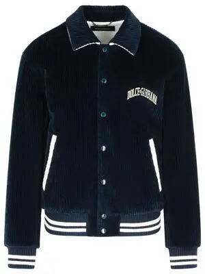 Dolce & Gabbana Navy Corduroy Bomber Jacket With Contrast Embroidery - Blue