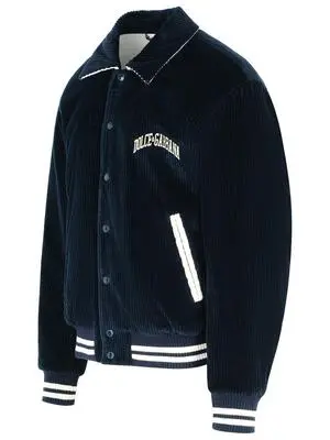 Dolce & Gabbana Navy Corduroy Bomber Jacket With Contrast Embroidery