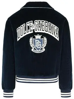 Dolce & Gabbana Navy Corduroy Bomber Jacket With Contrast Embroidery