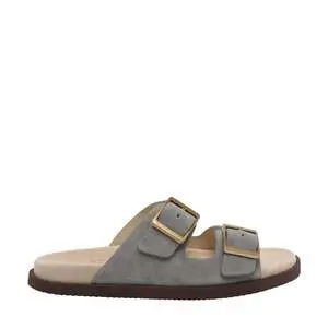 Brunello Cucinelli Suede Slides With Buckled Straps - Gray