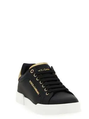Dolce & Gabbana Portofino' Leather Sneakers With Pearl Logo Detail - Black