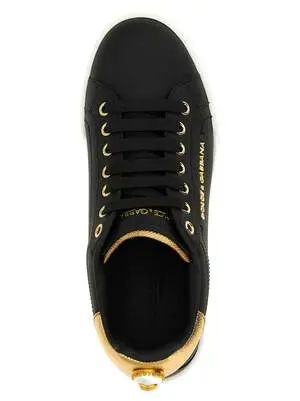 Dolce & Gabbana Portofino' Leather Sneakers With Pearl Logo Detail - Black