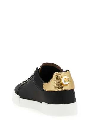 Dolce & Gabbana Portofino' Leather Sneakers With Pearl Logo Detail - Black