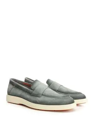Santoni Suede Loafers With Contrasting Stitching And Rubber Sole - Gray