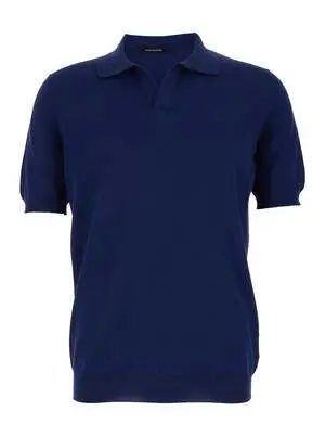 Tagliatore Blue Polo Shirt With Wide Collar In Cotton