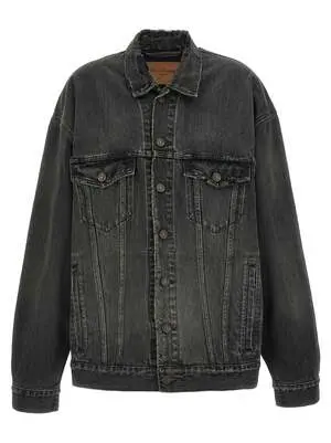 Balenciaga Distressed Denim Jacket With Logo Print - Gray