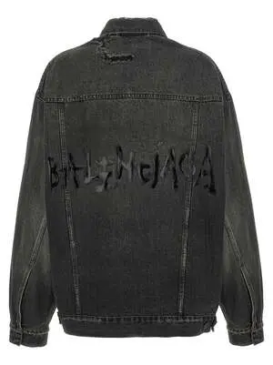 Balenciaga Distressed Denim Jacket With Logo Print