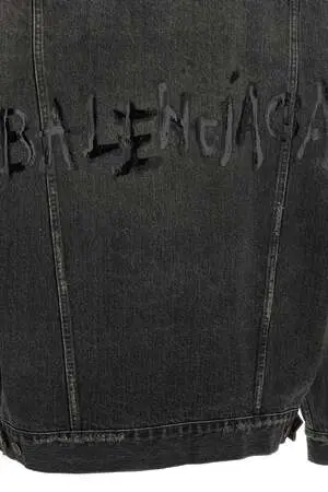 Balenciaga Distressed Denim Jacket With Logo Print