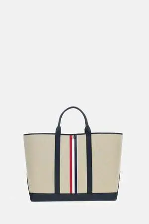 Thom Browne Oversized Cotton Canvas Tote Bag With Calf Leather Trim