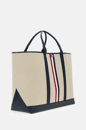 Thom Browne Oversized Cotton Canvas Tote Bag With Calf Leather Trim