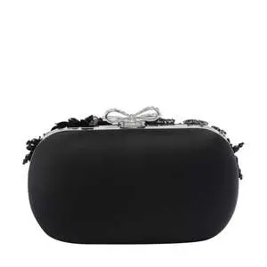 SELF-PORTRAIT Floral Crystal Embellished Clutch With Chain Strap - Black