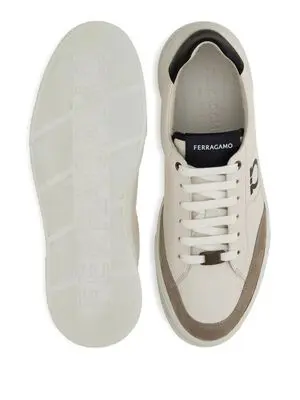 FERRAGAMO Alaska Leather And Suede Gancini Detail Sneakers - White
