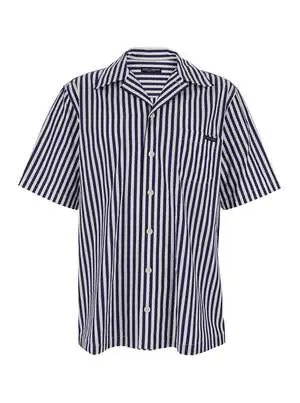 Dolce & Gabbana Blue Bowling Shirt With Cuban Collar And All-over Striped Motif In Cotton For