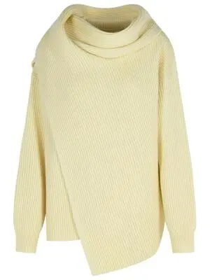 JIL SANDER Ribbed Wool & Cashmere Sweater With Draped Scarf Neck - Cream