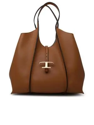 TOD'S Timeless Leather Shopping Bag With 't Timeless' Pendant - Brown