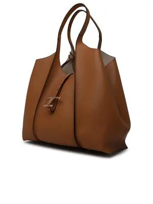TOD'S Timeless Leather Shopping Bag With 't Timeless' Pendant - Brown