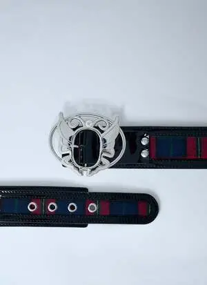 CHOPOVA LOWENA Tartan Belt With Patent Leather Trims