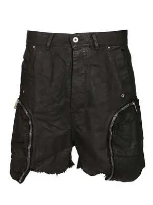 Rick Owens Bauhaus Frayed Denim Cargo Shorts - Black