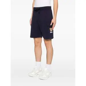 Moschino Navy Cotton Blend Track Shorts With Logo Print Cargo Pocket - Blue