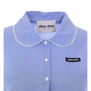 Miu Miu Logo Embroidered Check Pleated Dress - Blue