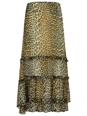 GANNI Leopard Print Viscose Chiffon Long Skirt With Volant Details - Multicolor