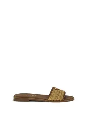 Prada Raffia Slip-on Sandals With Metal Triangle Logo - Brown
