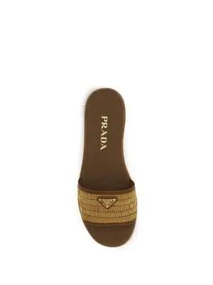 Prada Raffia Slip-on Sandals With Metal Triangle Logo - Brown