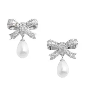 SELF-PORTRAIT Crystal Bow Pearl Drop Earrings - Silver