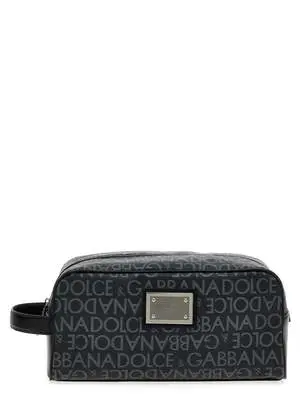 Dolce & Gabbana Leather Toiletry Bag With Logo Plaque - Black