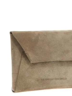 Brunello Cucinelli Monile Suede Clutch Bag With Chain Strap - Gray