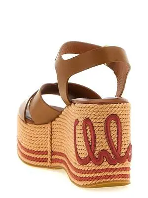 Chloé Wedge Sandals With Embroidered Signature - Brown