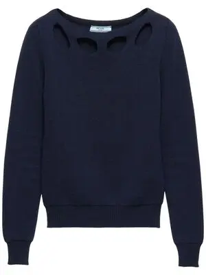 Prada Cotton Boat Neck Sweater With Cutouts - Blue