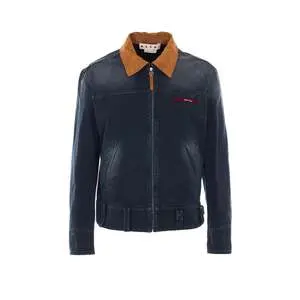 Marni Canvas Jacket With Contrasting Collar And Logo - Blue