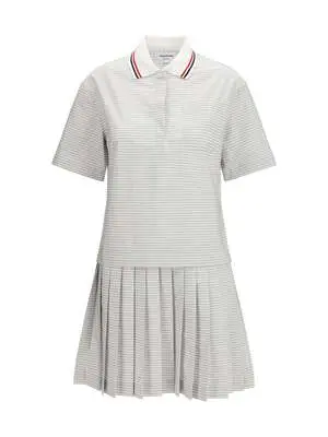 Thom Browne Cotton Polo Dress With Pleated Skirt And Striped Detail - Gray