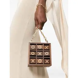 Cult Gaia Wooden Tic Tac Toe Box Clutch With Gold Tone Chain