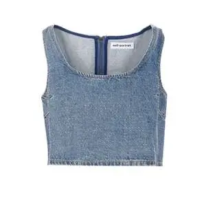 SELF-PORTRAIT Rhinestone Embellished Denim Crop Top - Blue