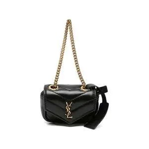 Saint Laurent Lamb Skin Quilted Cassandre Plaque Chain Wallet - Black