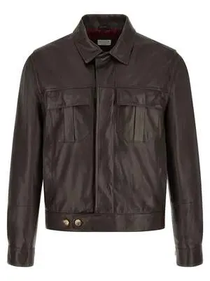 Brunello Cucinelli Leather Jacket With Shirt Collar - Brown