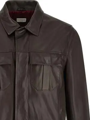 Brunello Cucinelli Leather Jacket With Shirt Collar - Brown