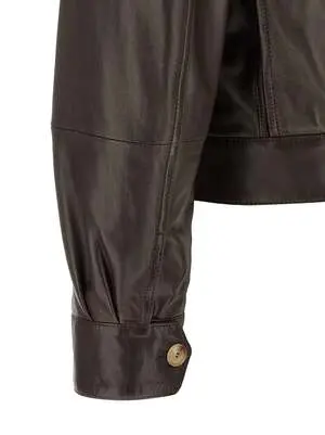 Brunello Cucinelli Leather Jacket With Shirt Collar - Brown