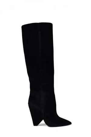 Saint Laurent Suede Pointed Toe High Heel Boots - Black
