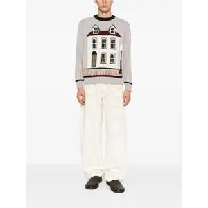 Junya Watanabe Stone Grey Wool Blend Crew Neck House Motif Sweater