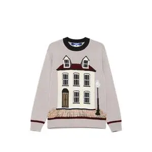 Junya Watanabe Stone Grey Wool Blend Crew Neck House Motif Sweater - Gray
