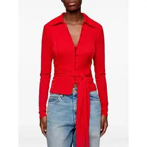GANNI Spread Collar Long Sleeve Tie Detail Shirt