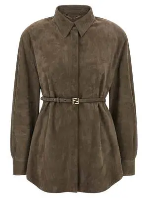 Fendi Suede Shirt With Embroidered Logo And Belt - Gray