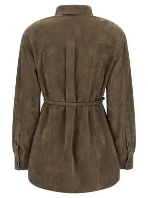 Fendi Suede Shirt With Embroidered Logo And Belt - Gray