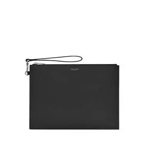 Saint Laurent Leather Wristlet Clutch With Logo - Black