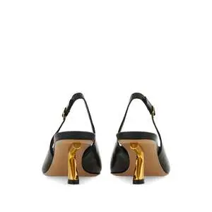 FERRAGAMO Leather Slingback Pumps With Sculptural Gold-tone Heel - Black